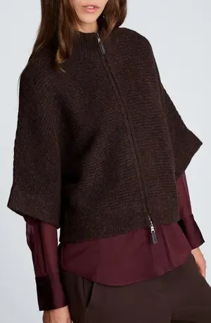 KENNETH COLE Dolman Sleeve Zip Cardigan - Medium Bark Heather