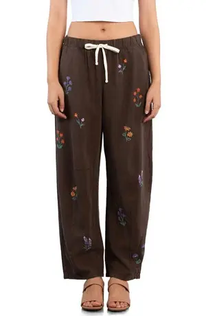BILLY T Embroidered Floral Barrel Leg Pants - Chocolate Brown