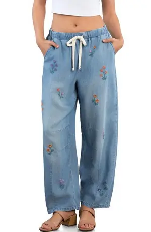 BILLY T Billy T Embroidered Floral Barrel Leg Pants Washed Blue