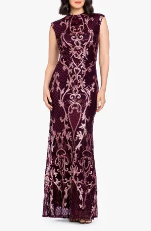 Betsy & Adam Sequin Mock Neck Sleeveless Mermaid Gown - Wine/rose