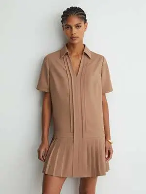 REISS Elena Pleated-skirt Collared Mini Dress