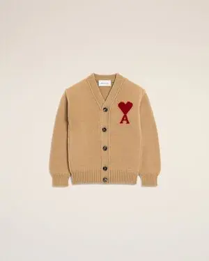 AMI Paris Brown Wool Cardigan With De Coeur Brown