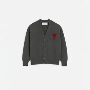AMI Paris Grey Wool Cardigan With De Coeur Grey