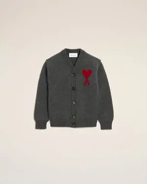 AMI Paris Grey Wool Cardigan With De Coeur Logo - Heather Grey/red