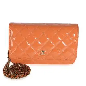 Chanel Dark Quilted Patent Classic Wallet On Chain - Orange