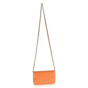 Chanel Quilted Patent Wallet On Chain - Orange