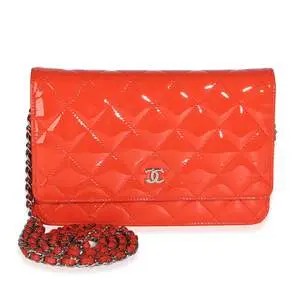 Chanel Red Quilted Patent Classic Wallet On Chain - Orange
