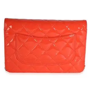Chanel Quilted Patent Leather Wallet On Chain - Orange
