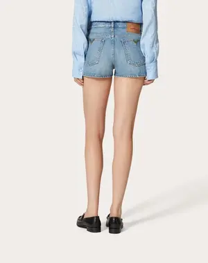 Valentino Garavani Logo Patch Straight Hem Denim Shorts