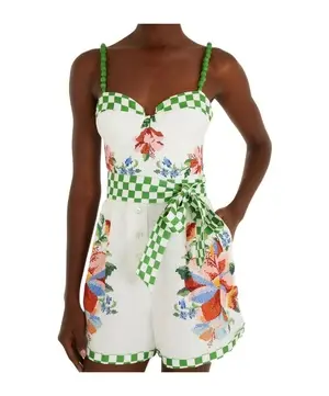 Farm Rio Calm Breeze Floral-print Playsuit With Beaded Straps