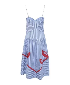 Farm Rio Stripe Print Appliqué Sweetheart Neckline Dress