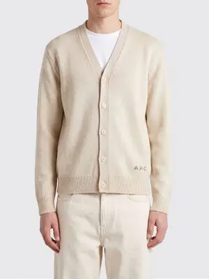 A.p.c. Pure Wool V-neck Cardigan With Contrast Logo - Ecru