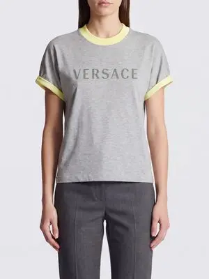 Versace Cotton T-shirt With Printed Logo And Contrast Trims - Grey