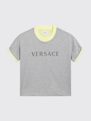 Versace Cotton T-shirt With Printed Logo And Contrast Trims - Grey