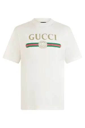 Gucci Style Cotton & Silk Jersey T-shirt With Graphic Logo Print - White
