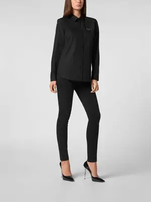 Philipp Plein Long-sleeved Cotton Shirt With Metallic Logo Detail