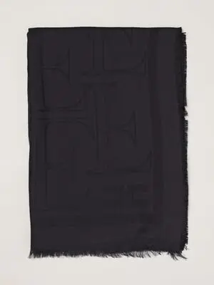 Elisabetta Franchi Modal And Viscose Scarf With Jacquard Logo And Fringed Edges - Blue