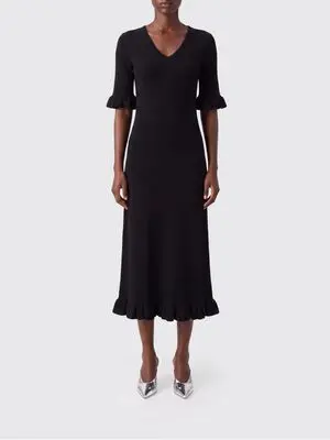JIL SANDER Knit Midi Dress In Cotton Blend With V-neck And Ruffles