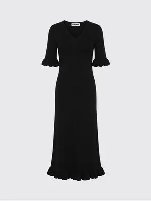 JIL SANDER Knit Midi Dress In Cotton Blend With V-neck And Ruffles