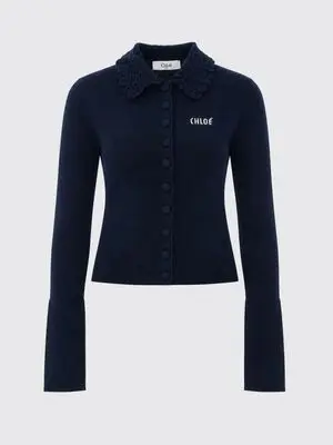 Chloé Slim Fit Wool Polo Cardigan With Contrasting Logo - Blue