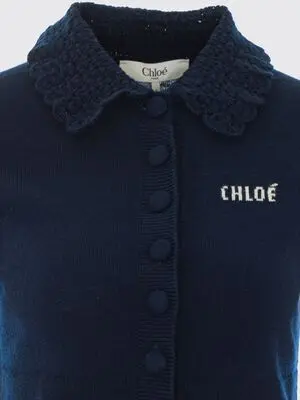 Chloé Slim Fit Wool Polo Cardigan With Contrasting Logo - Blue