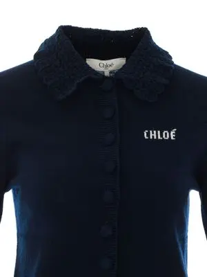 Chloé Slim Fit Wool Polo Cardigan With Contrasting Logo - Blue