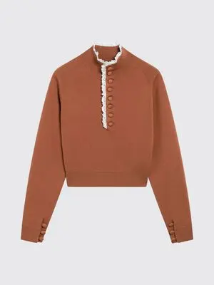 Chloé Cropped Slim Fit Wool Jumper With Ruffles And Embroidery - Brown
