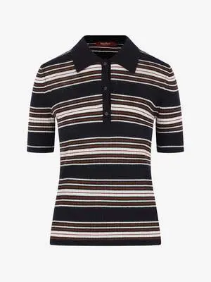 Max Mara Striped Silk-wool Knit Polo With Ribbed Collar - Blu