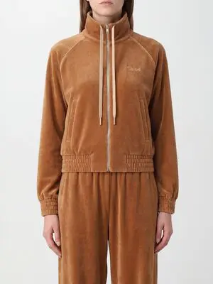 Chloé Cotton Velvet High Neck Zip-up Sweatshirt With Contrast Logo - Beige
