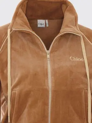 Chloé Cotton Velvet High Neck Zip-up Sweatshirt With Contrast Logo - Beige