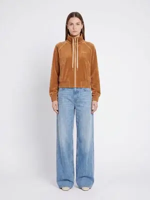 Chloé Cotton Velvet High Neck Zip-up Sweatshirt With Contrast Logo - Beige