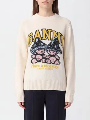 GANNI Slim Fit Recycled Wool Jumper With Logo Print
