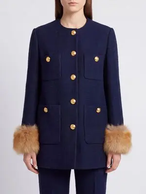 Valentino Garavani Single-breasted Wool Tweed Coat With Fur Cuffs - Blue