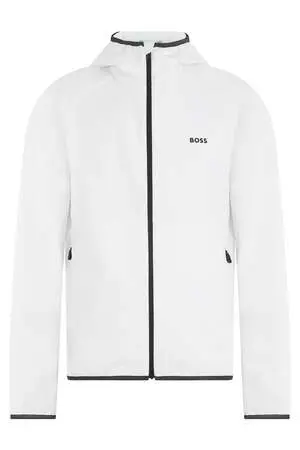 BOSS Waterproof Hooded Zip Jacket With Raised Collar And Zipper Pockets - White
