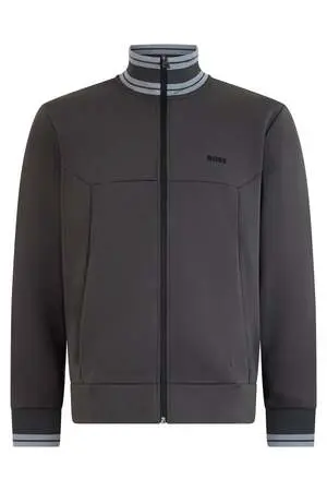 BOSS Lightweight Cotton Zip Hoodie With High Collar Pocket - Grey