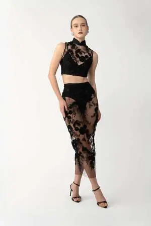 SAU LEE Skye Sheer Floral Sequin Midi Skirt