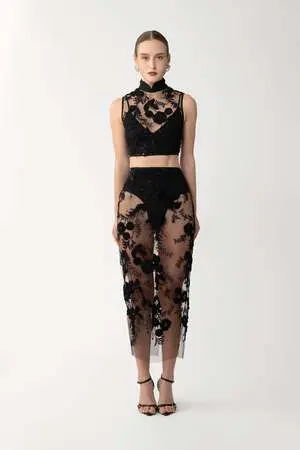 SAU LEE Skye Sheer Floral Sequin Midi Skirt