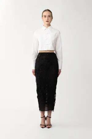 SAU LEE Skye Sheer Floral Sequin Midi Skirt
