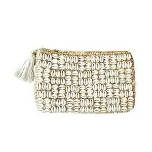 OHSUN Neutrals / Cali Cowrie Shell & Raffia Clutch - White