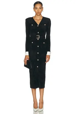 SELF-PORTRAIT Chenille Knit Midi Dress With Belt - Black