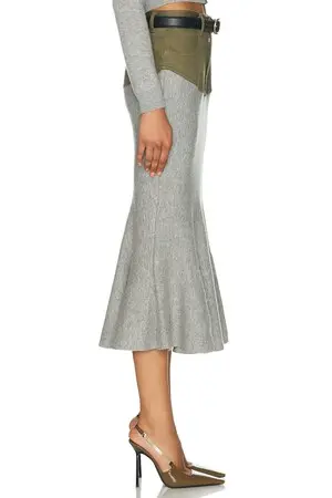 SELF-PORTRAIT Knit Khaki Denim Insert Midi Skirt