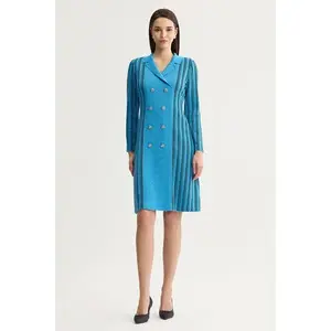Ming Wang A-line Faux Double Breasted Knit Dress - Tranquil Blue
