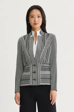 Ming Wang Monochrome Striped Knit Jacket - Black