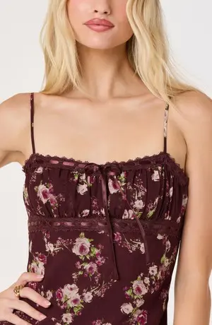Astr The Label Floral Lace Trim Midi Dress - Wine Floral