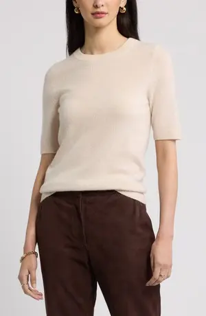 Nordstrom Cashmere Short Sleeve Crewneck Sweater - Beige Beach