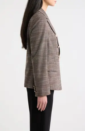 TAHARI ASL Checked Double Breasted Blazer With Peak Lapels