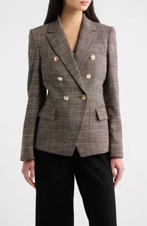 TAHARI ASL Checked Double Breasted Blazer With Peak Lapels