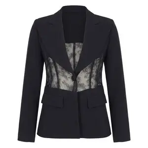 MODENAIRE Lace Paneled Deep V Neck Blazer