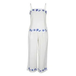 MODENAIRE Floral Embroidered Two-piece Set With Camisole And Wide-leg Pants - White