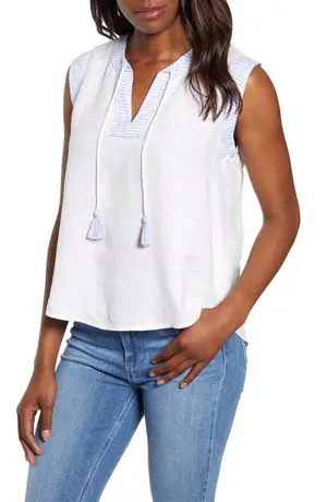 Vineyard Vines Sleeveless Linen Tassel Tie Blouse